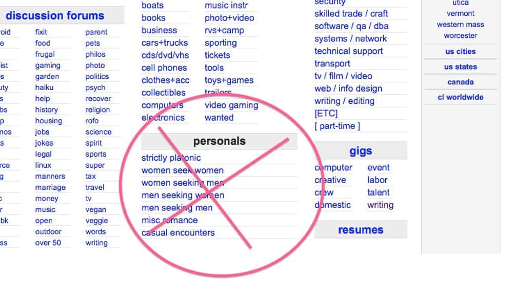 Craigslist pulls all "personal" sections from its website