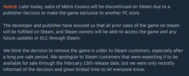 Metro Exodus curves Steam and heads to the Epic Games Store