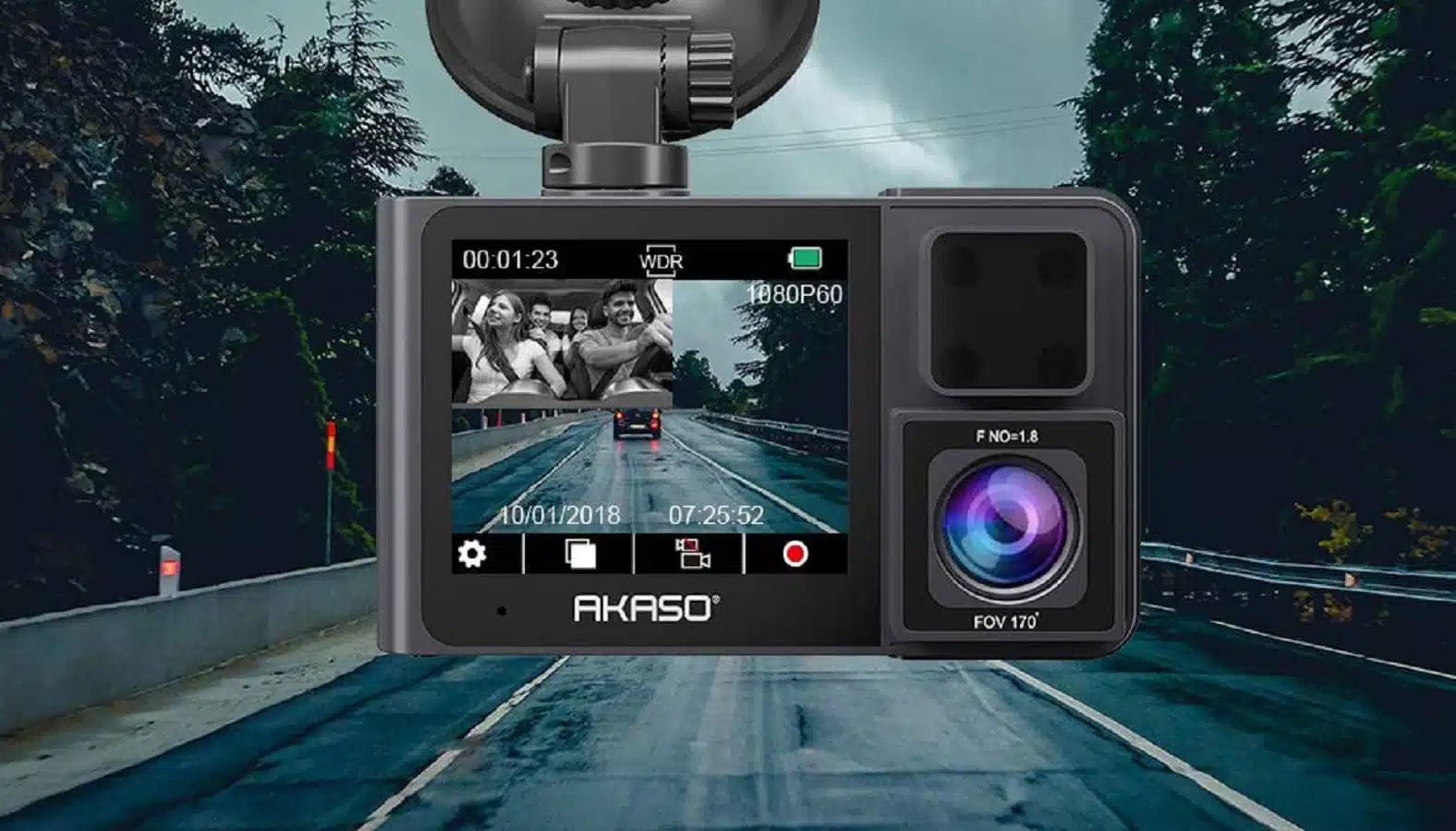This dashcam has two cameras to record what happens around your car