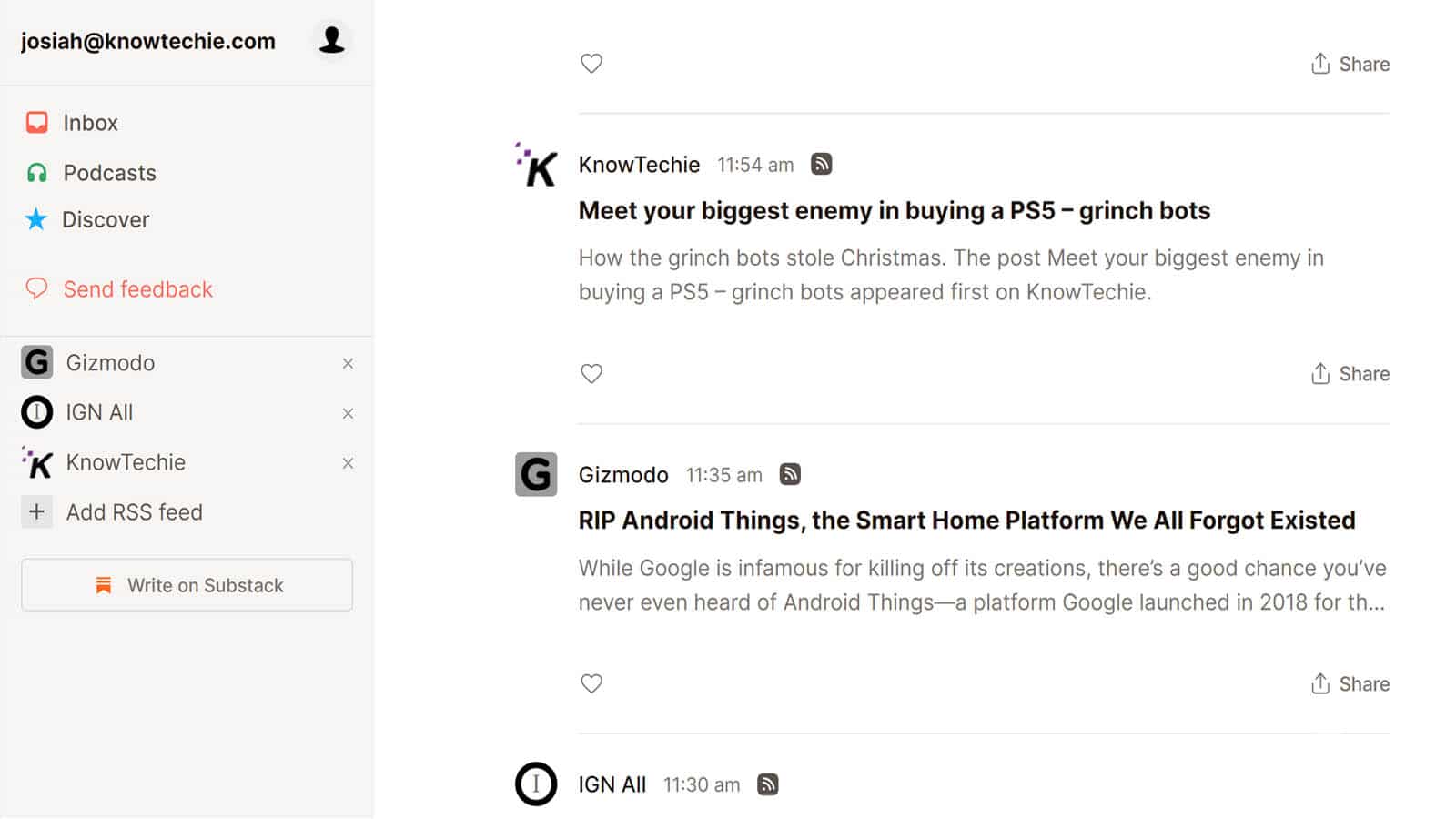 Substack Reader collects all your newsletters and feeds in one place